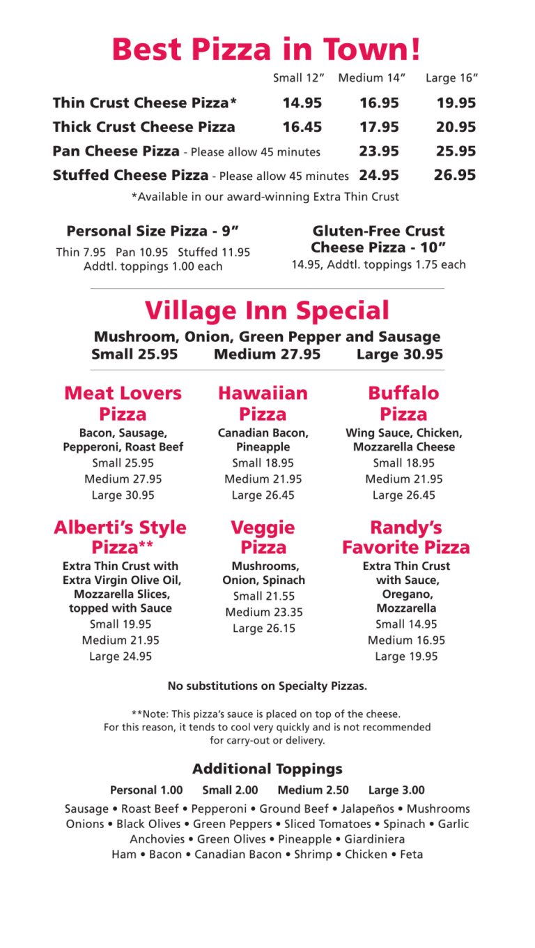 Village Inn Menu | Village Inn Pizzeria